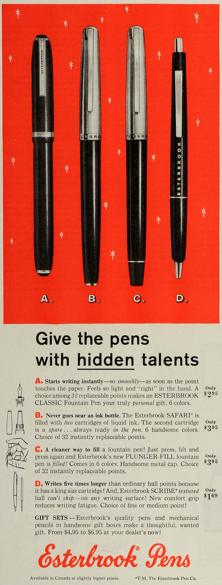 1959 Ad Esterbrook Fountain Pens Designs Liquid Ink Scribe Textured Ba ...