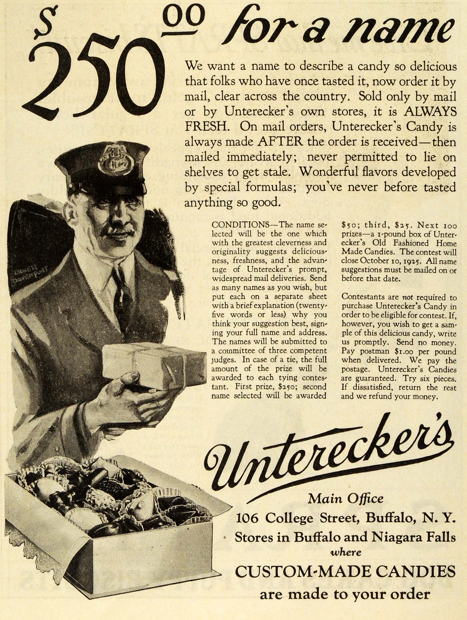 1925 Ad Untereckers Custom Made Candies Chocolate Box 106 College Stre ...