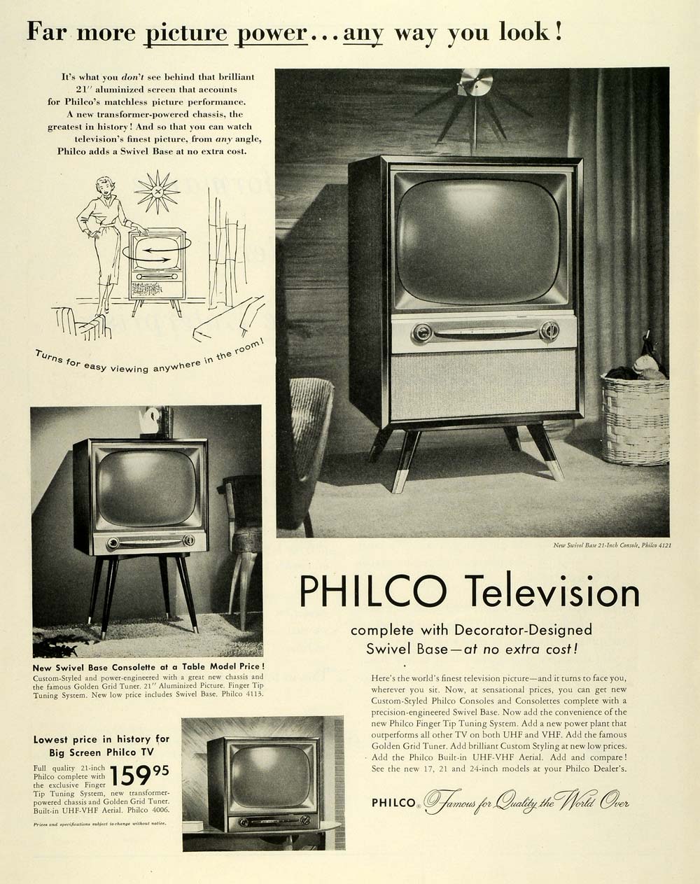 1955 Ad Philco Television Swivel Base Consolette Table Model Antique S ...