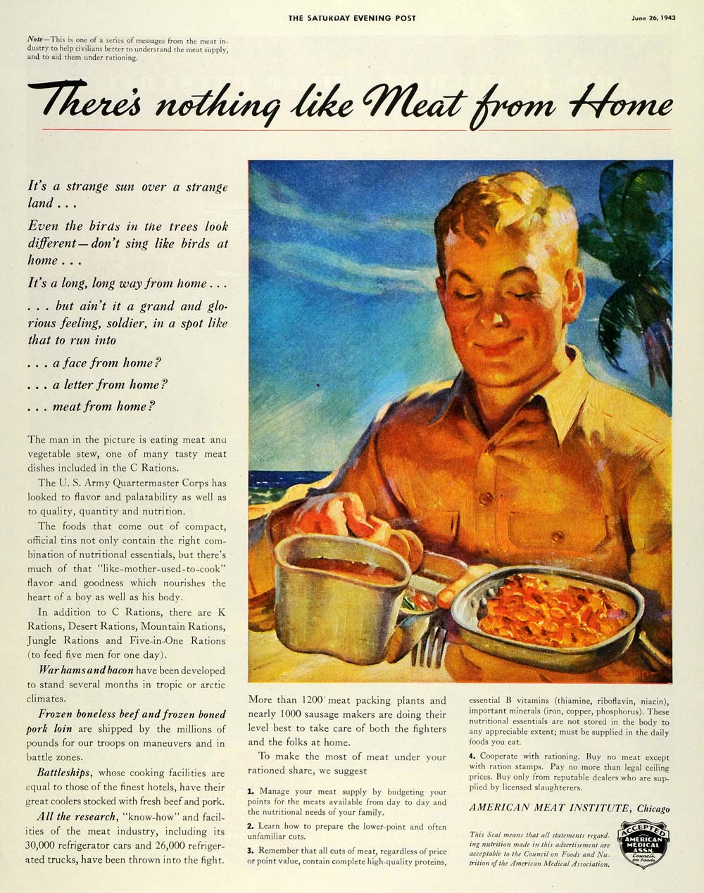 1943 Ad American Meat Institute Chicago WWII Wartime Soldier G. I SEP6 ...