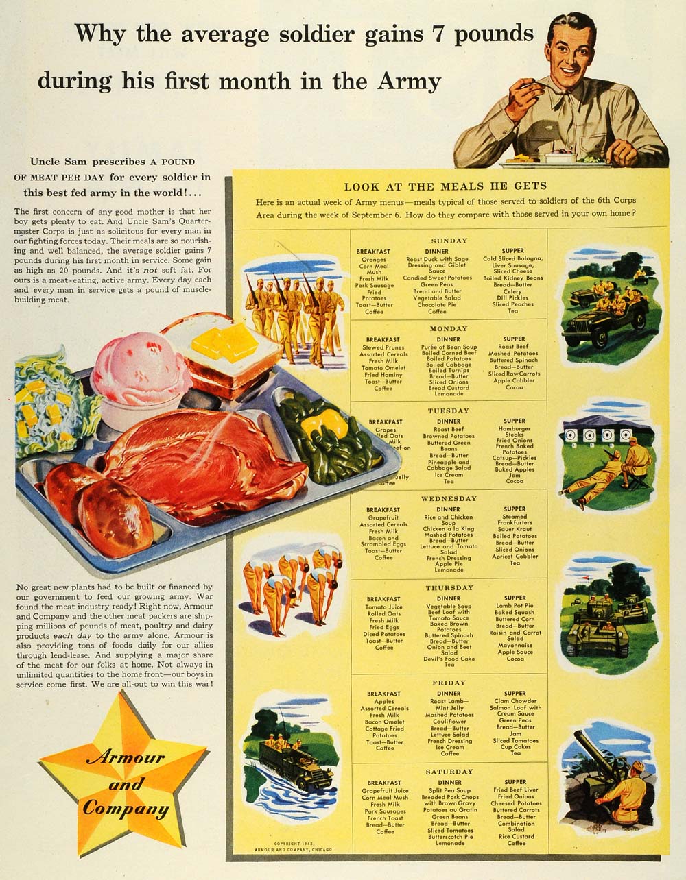 1942 Ad Armour Meat World War II Army Soldier Gain Weight Weekly Menu ...