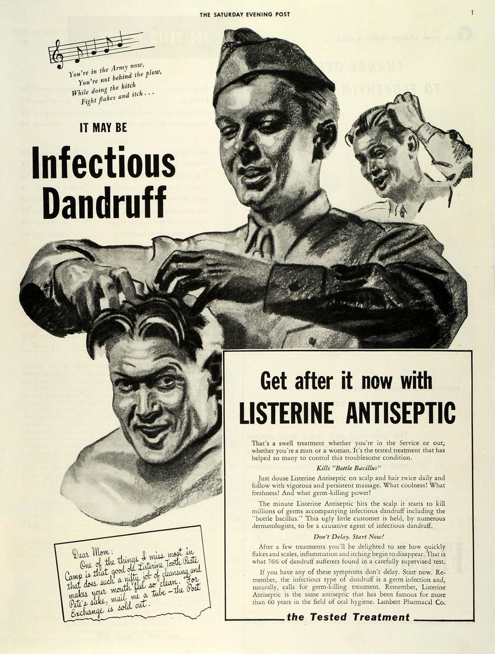1943 Ad Antiseptic Listerine Dandruff Scalp Massage WWII War Military ...