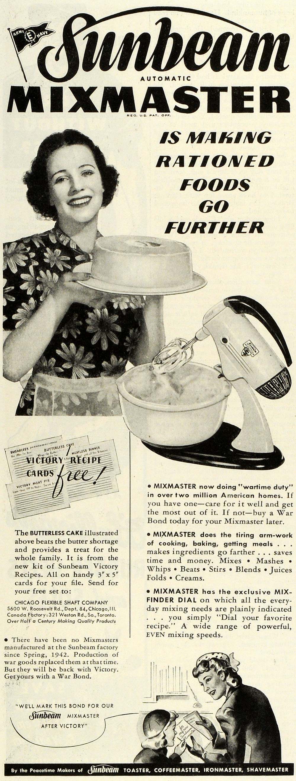 1943 Ad Sunbeam Mixmaster Baking Mixer WWII Household Appliances House ...