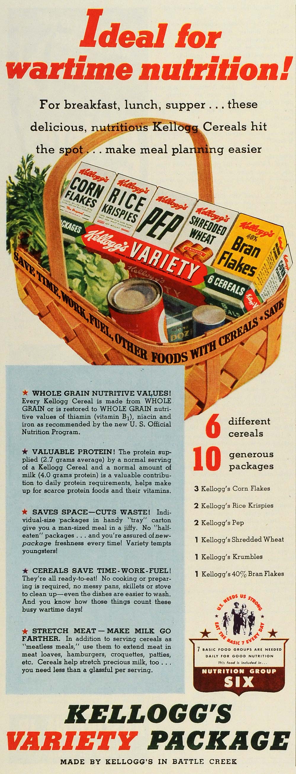 1943 Ad WWII Kelloggs Variety Pack Cereal Food Basket War Whole Grain ...