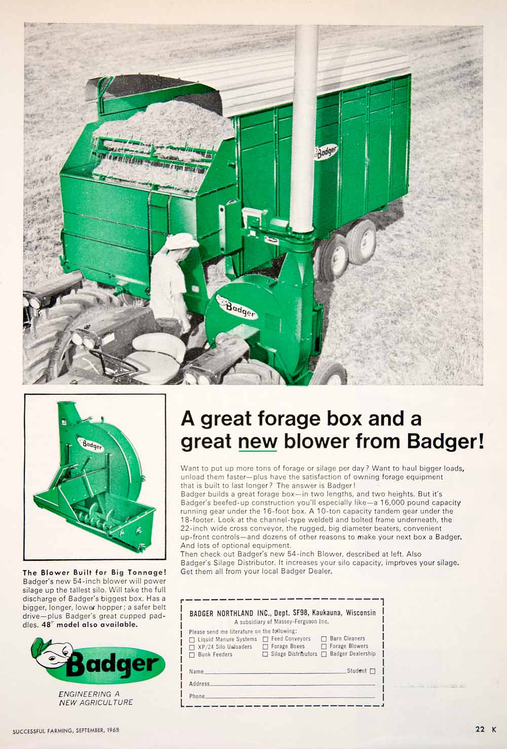 1968 Ad Badger Northland Kaukauna Wisconsin Blower Silo Advertisement ...