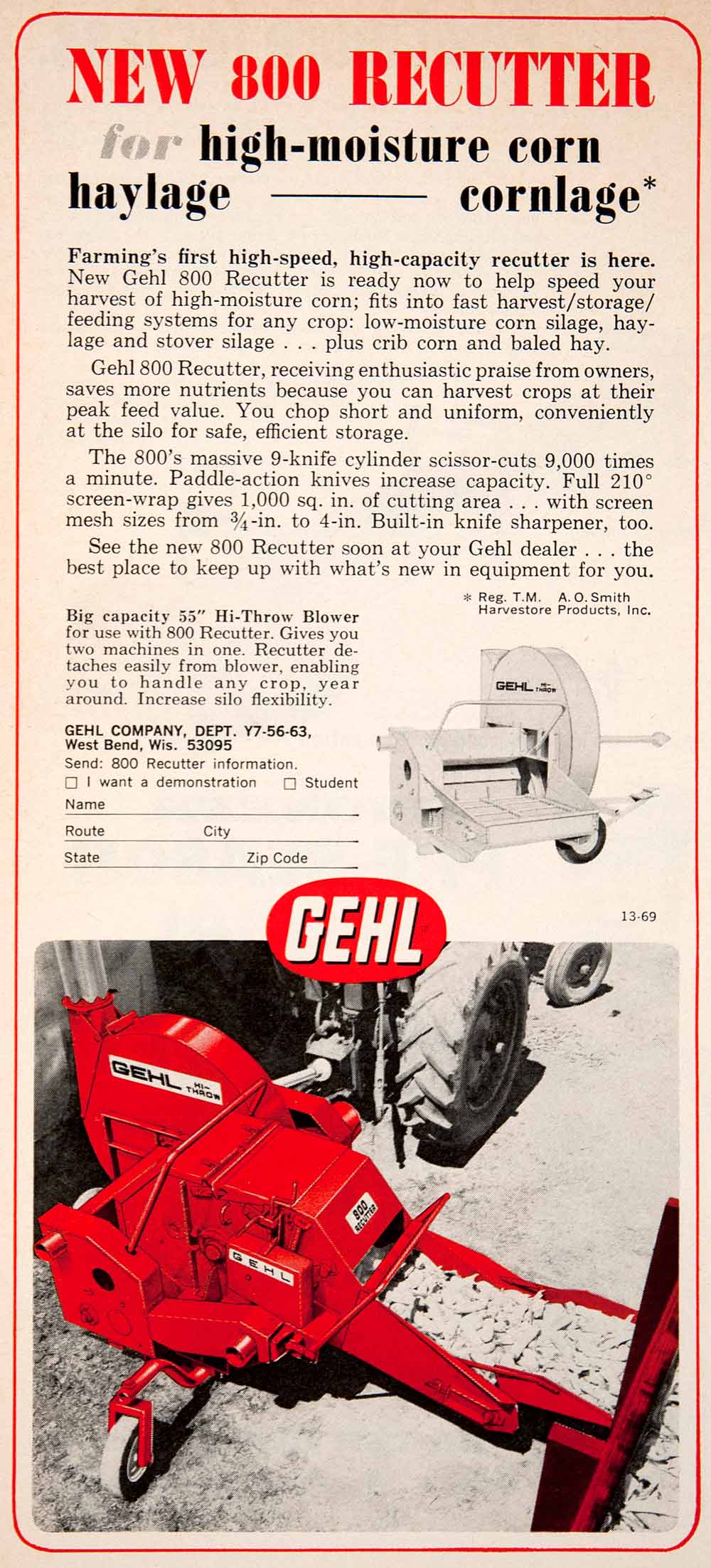 1968 Ad Gehl 800 Recutter Corn Hay Harvest Silage Hi Throw Blower Farm ...