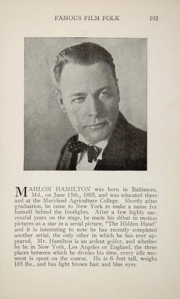 1925 Mahlon Hamilton Stuart Holmes Silent Film Actor - ORIGINAL HISTOR ...