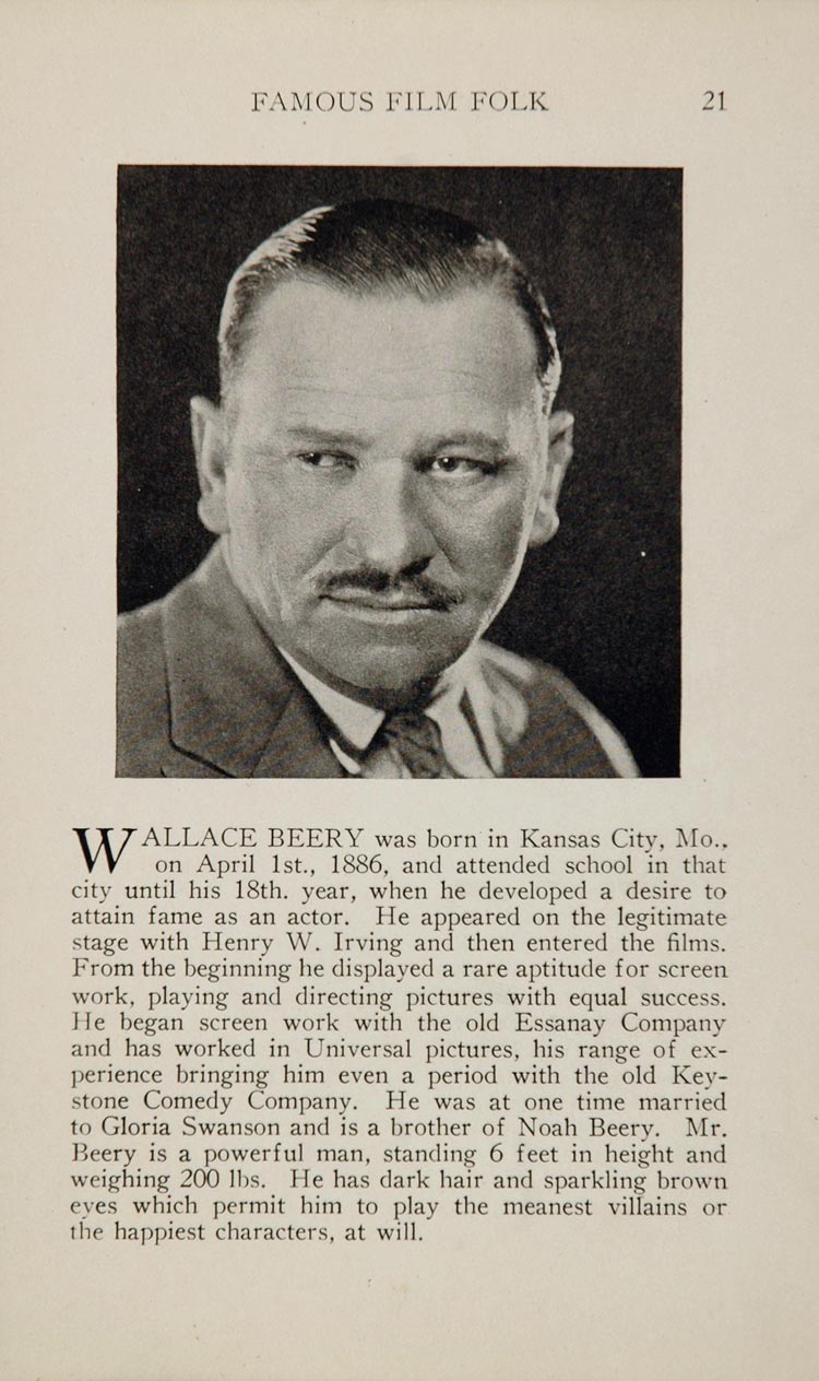 1925 Wallace Beery Jacqueline Logan Silent Film Actor ORIGINAL HISTORI ...