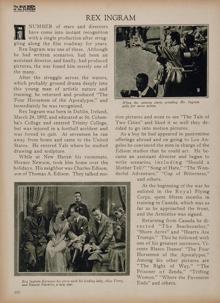 1923 Rex Ingram Silent Film Director Producer Bio Print ORIGINAL HISTO ...