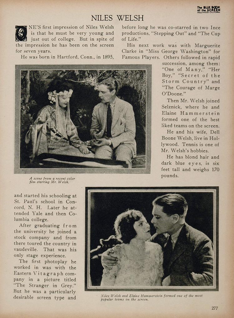 1923 Niles Welsh Silent Film Actor Biography Print - ORIGINAL – Period ...