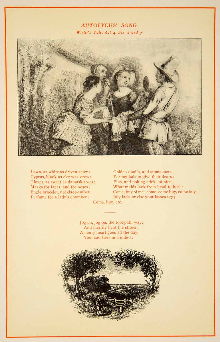 1900 Lithograph Art Autolycus Song Winters Tale William Shakespeare Th ...