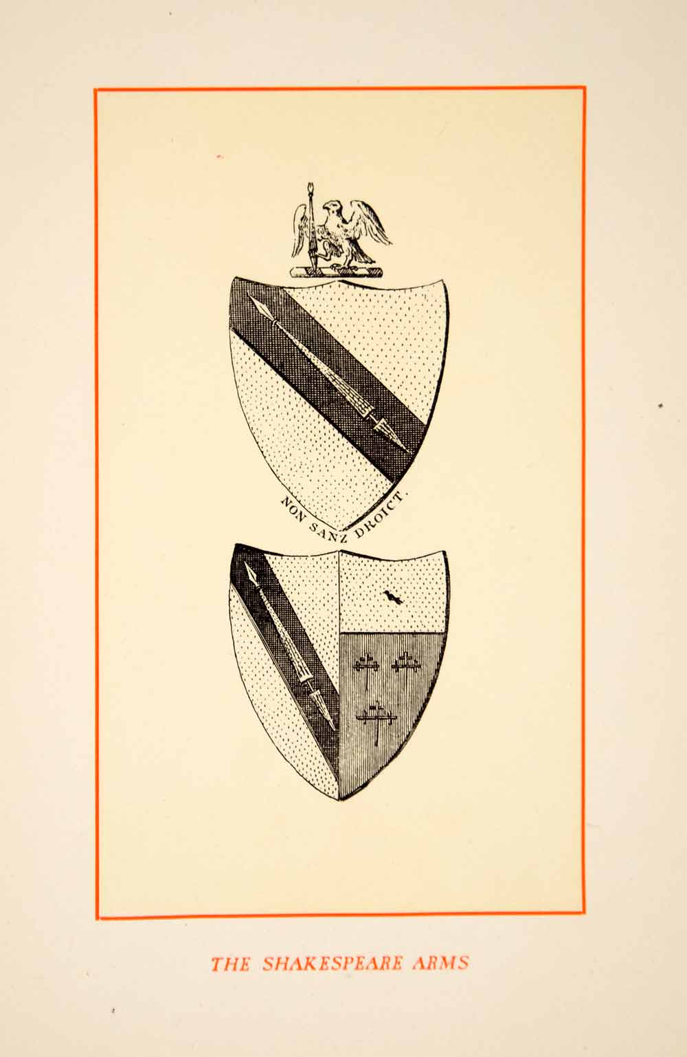 1900 Lithograph Art William Shakespeare Coat of Arms Heraldry Elizabet ...