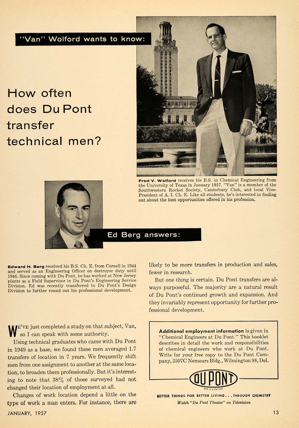 1957 Ad Du Pont Fred Wolford Edward Berg Chemical Work - ORIGINAL TCE1 ...