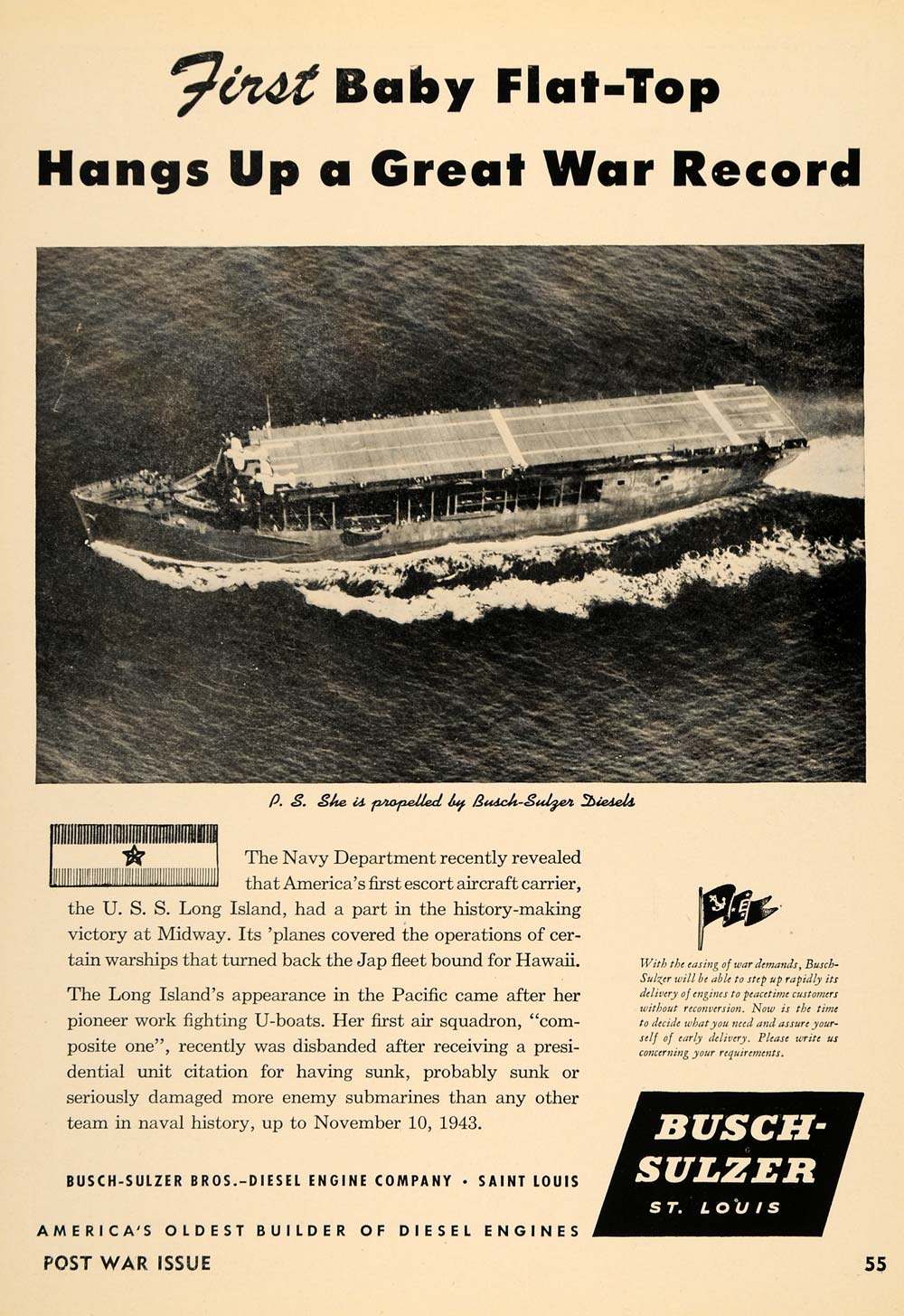 1944 Ad Busch-Sulzer Diesel Engine Flat-Top Navy Ship - ORIGINAL TCE1 ...