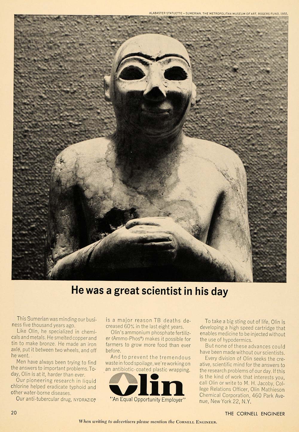 1966 Ad Olin Mathieson Chemical Alabaster Statuette - ORIGINAL ADVERTI ...