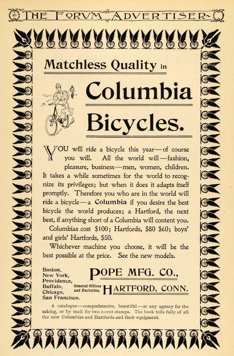 1895 Ad Pope Manufacturing Columbia Hartford Bicycles - ORIGINAL TFO1 ...
