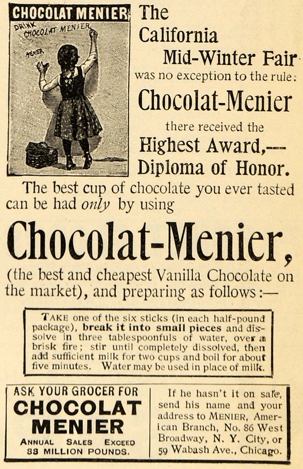 1895 Ad Chocolat Menier Vanilla Baking Chocolates Girl - ORIGINAL TFO1 ...