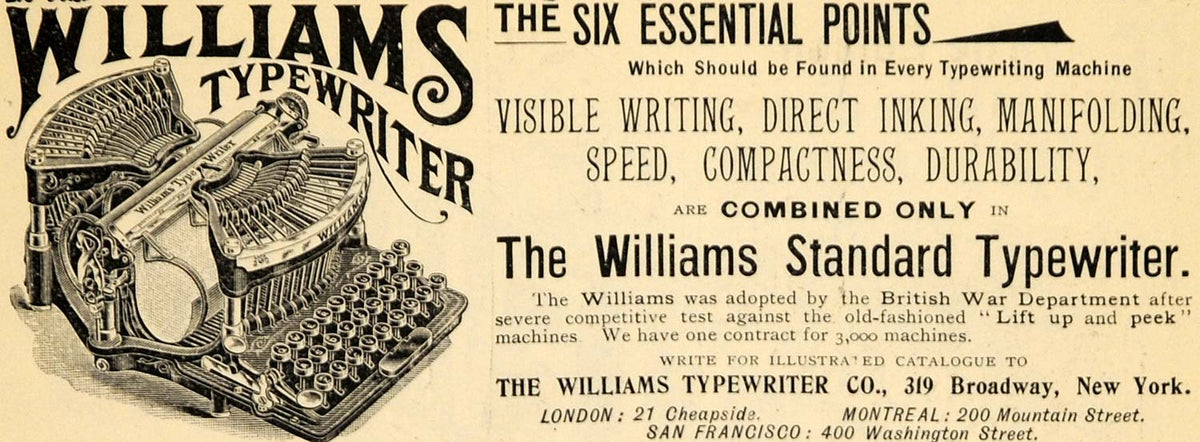 1895 Ad Williams Typewriters British War Department - ORIGINAL ADVERTI ...