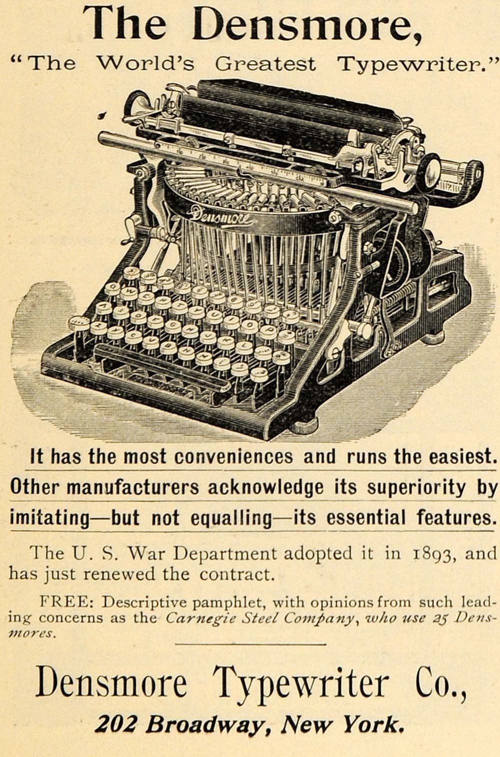 1895 Ad Densmore Typewriters US War Department Carnegie - ORIGINAL TFO ...