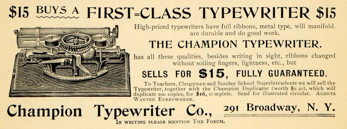 1895 Ad Champion First-Class Metal Typewriters New York - ORIGINAL TFO ...