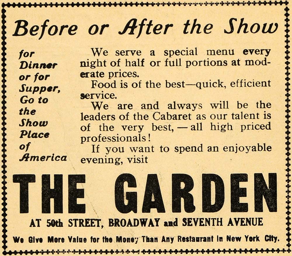 1912 Ad Garden Cabaret Fine Dining Restaurant New York - ORIGINAL THR1 ...