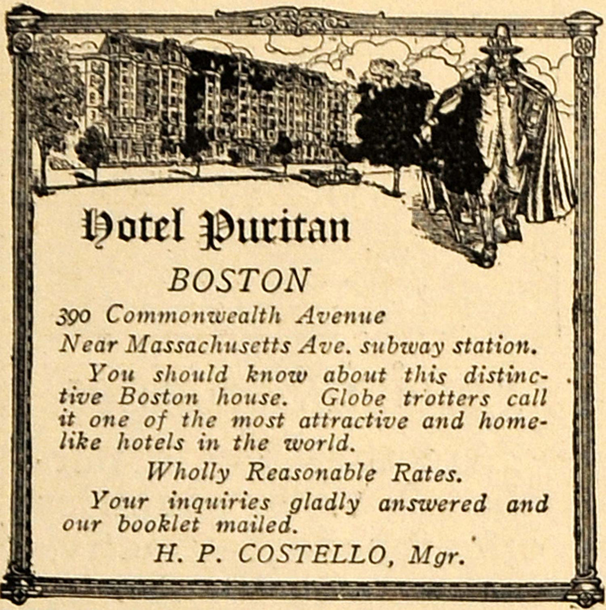 1916 Ad 390 Commonwealth Avenue Boston Hotel Puritan - ORIGINAL ADVERT ...