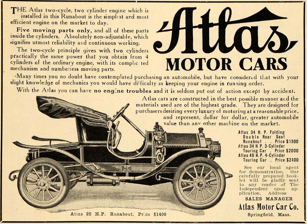 1908 Ad Atlas Antique Runabout Car Horsepower Pricing - ORIGINAL TIN4 ...