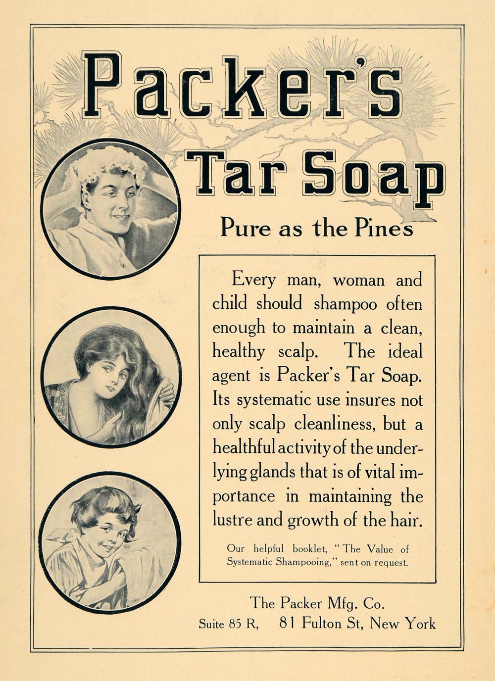 1908 Ad Packer's Tar Soap Pine Shampoo Hair New York - ORIGINAL ADVERT ...