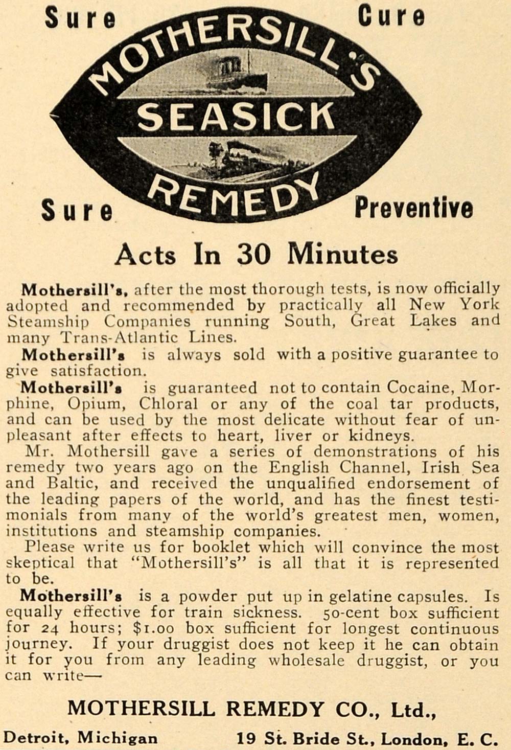 1911 Ad Motersill's Seasick Remedy Medicine Powder MI - ORIGINAL TIN4 ...