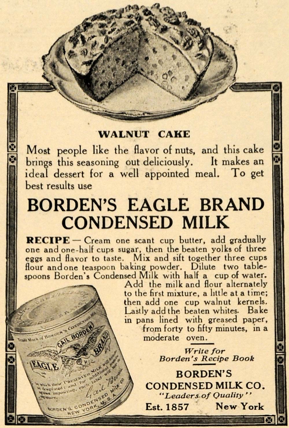 1912 Ad Borden's Condensed Milk Co. Eagle Walnut Cake - ORIGINAL TIN5 ...