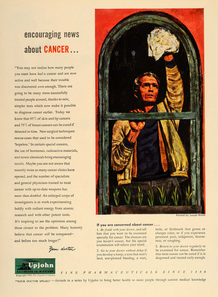 1948 Ad Upjohn Pharmaceuticals Cancer Joseph Hirsch - ORIGINAL ADVERTI ...