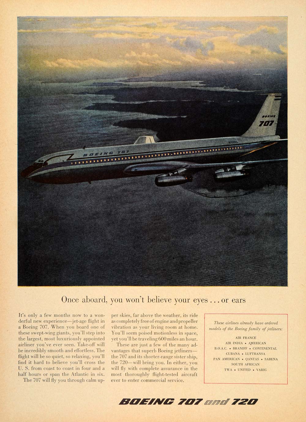1958 Ad Boeing 707 Jet Flight 720 Commercial Service - ORIGINAL ADVERT ...