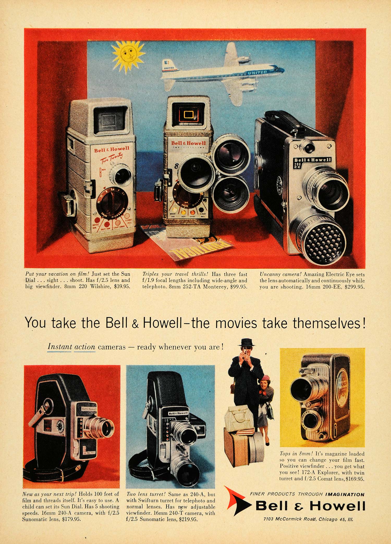 1957 Ad Bell Howell Instant Action Movie Camera 220 - ORIGINAL ADVERTI ...