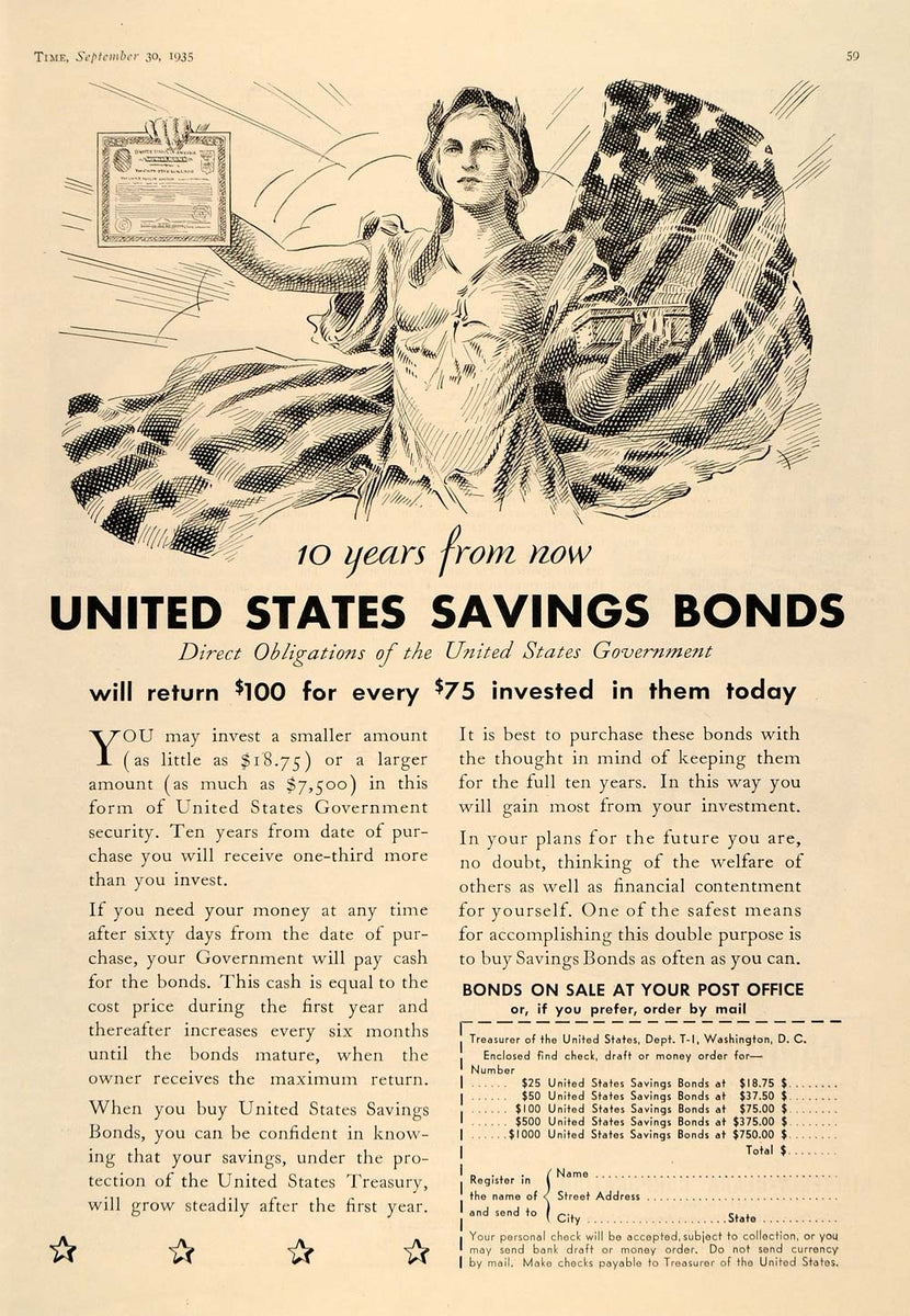 1935 Ad American Treasury Savings Bonds Lady Liberty - ORIGINAL ADVERT ...