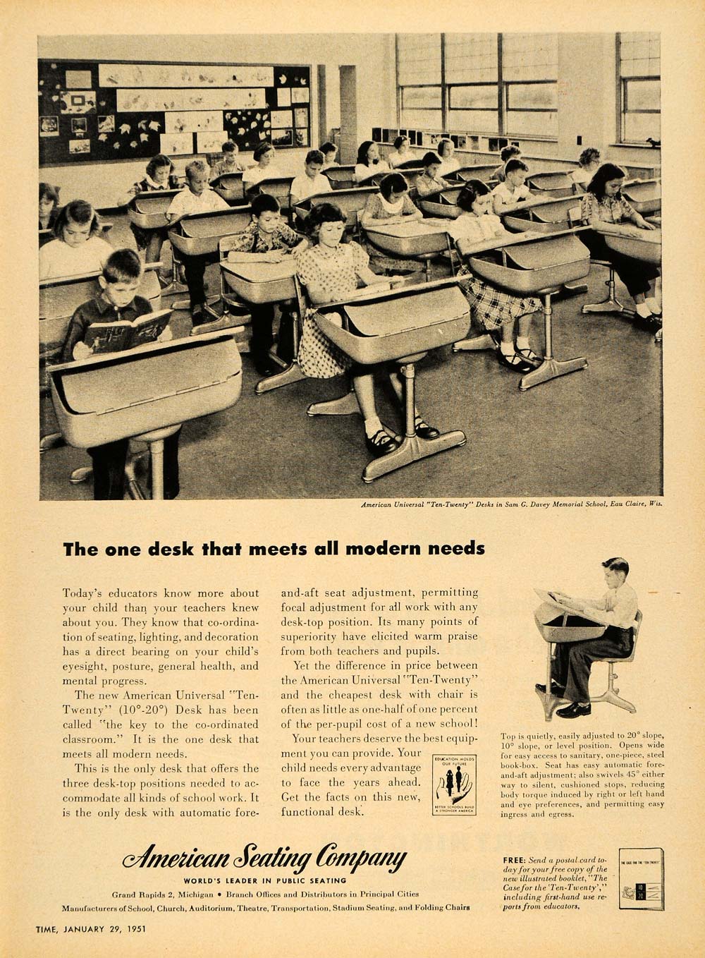 1951 Ad American Seating Co Sam G Davey Memorial School - ORIGINAL TM6 ...