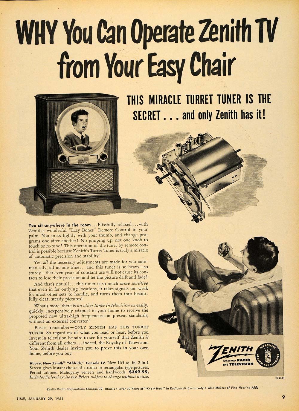 1951 Ad Zenith Radio Corp. Turret Tuner Remote Control - ORIGINAL TM6 ...