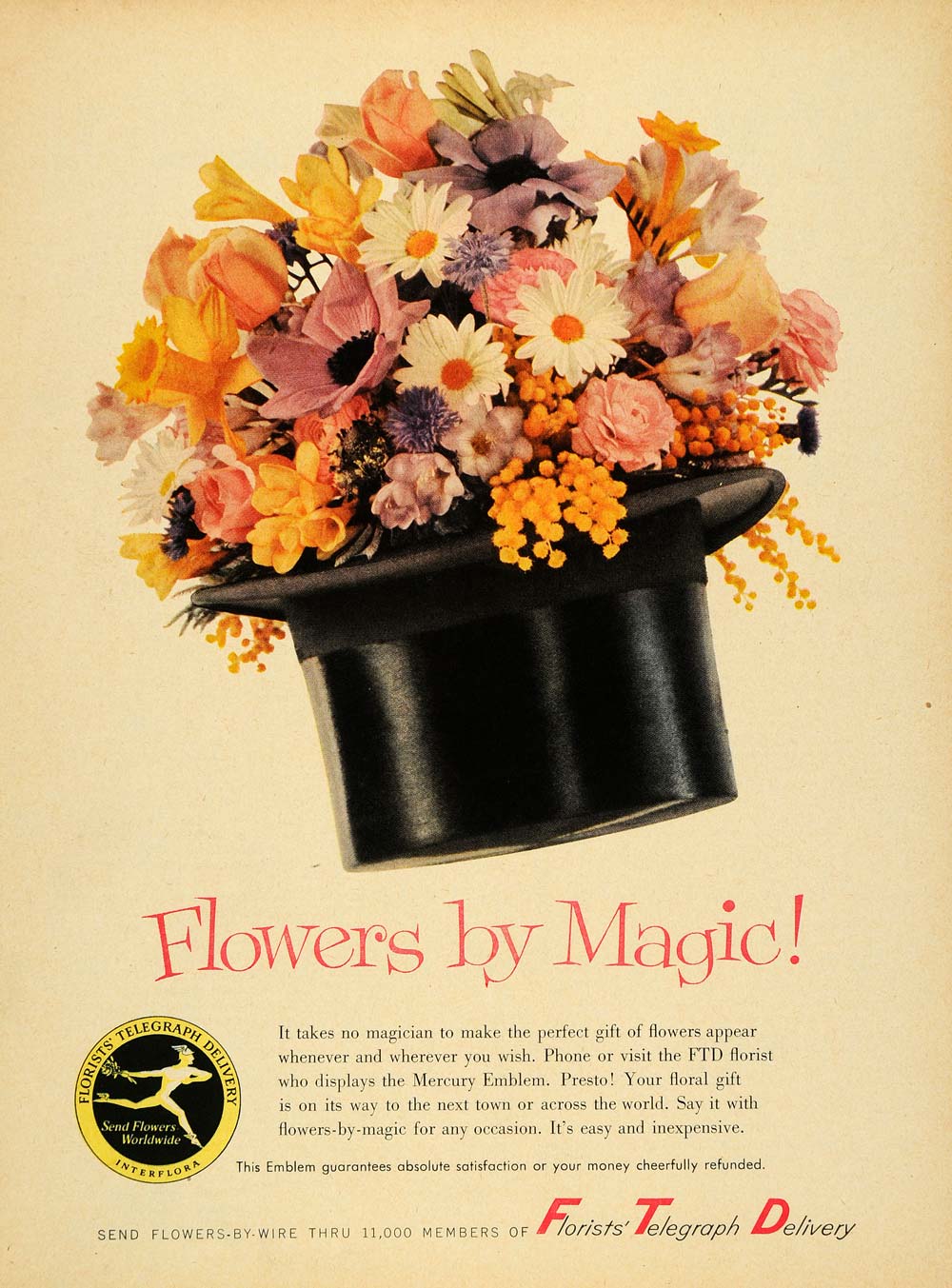 1957 Ad Florist Telegraph Delivery Flowers Magic Hat - ORIGINAL ADVERT ...