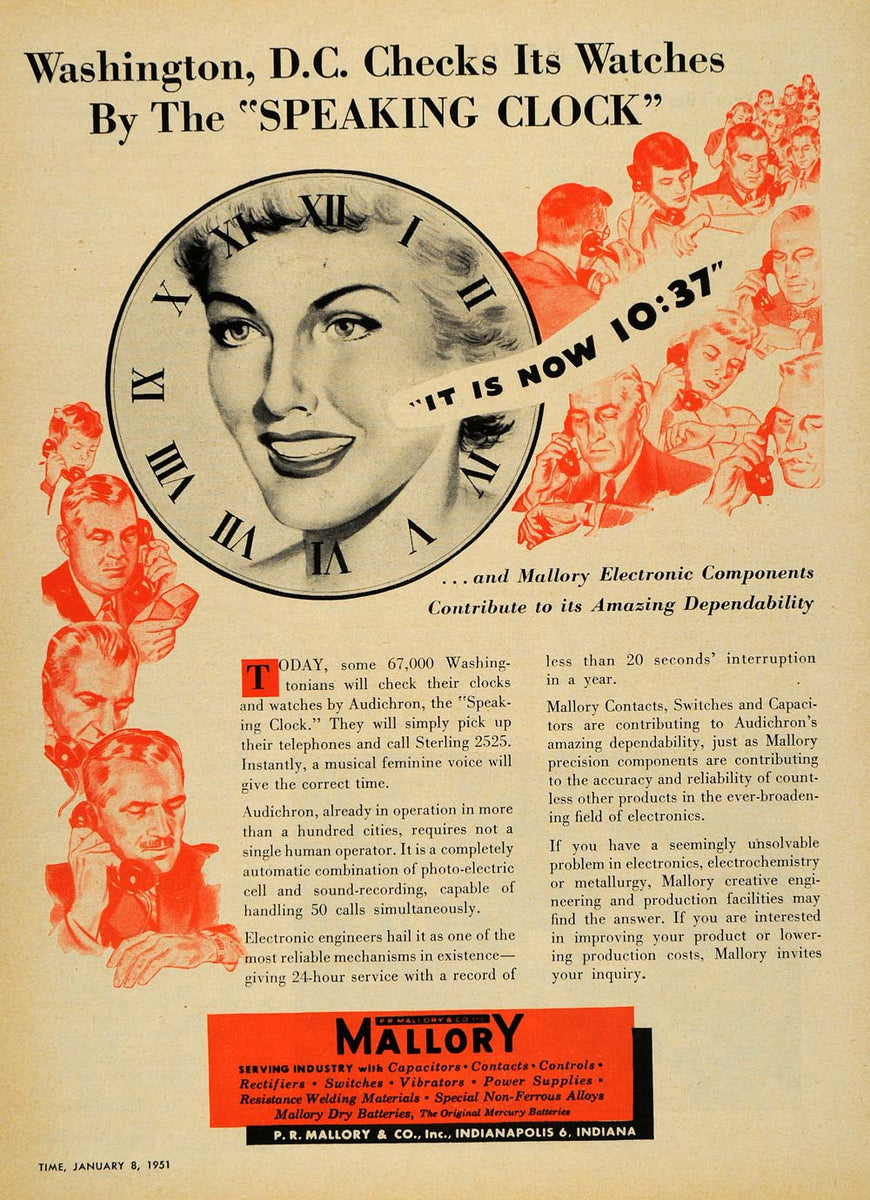 1951 Ad Speaking Clock Washington Mallory Electronic - ORIGINAL ADVERT ...