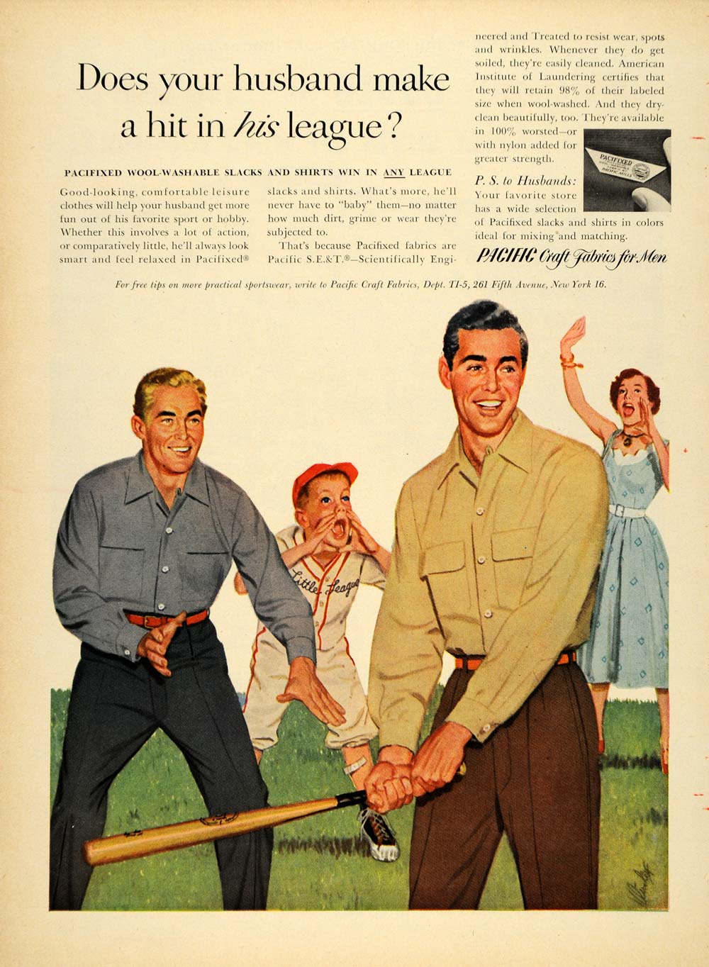 1954 Ad Pacifixed Men's Wool Slacks Husband Baseball - ORIGINAL ADVERT ...