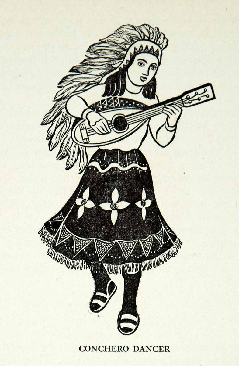 1950 Lithograph Conchero Dancer Folk Dance Concha Lute Headdress Costu ...