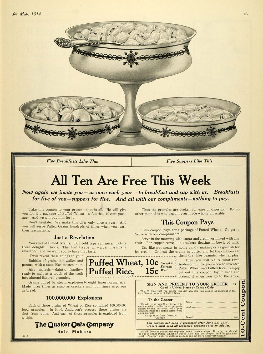 1914 Ad Quaker Oats Puffed Wheat Rice Breakfast Cereal Professor Ander ...