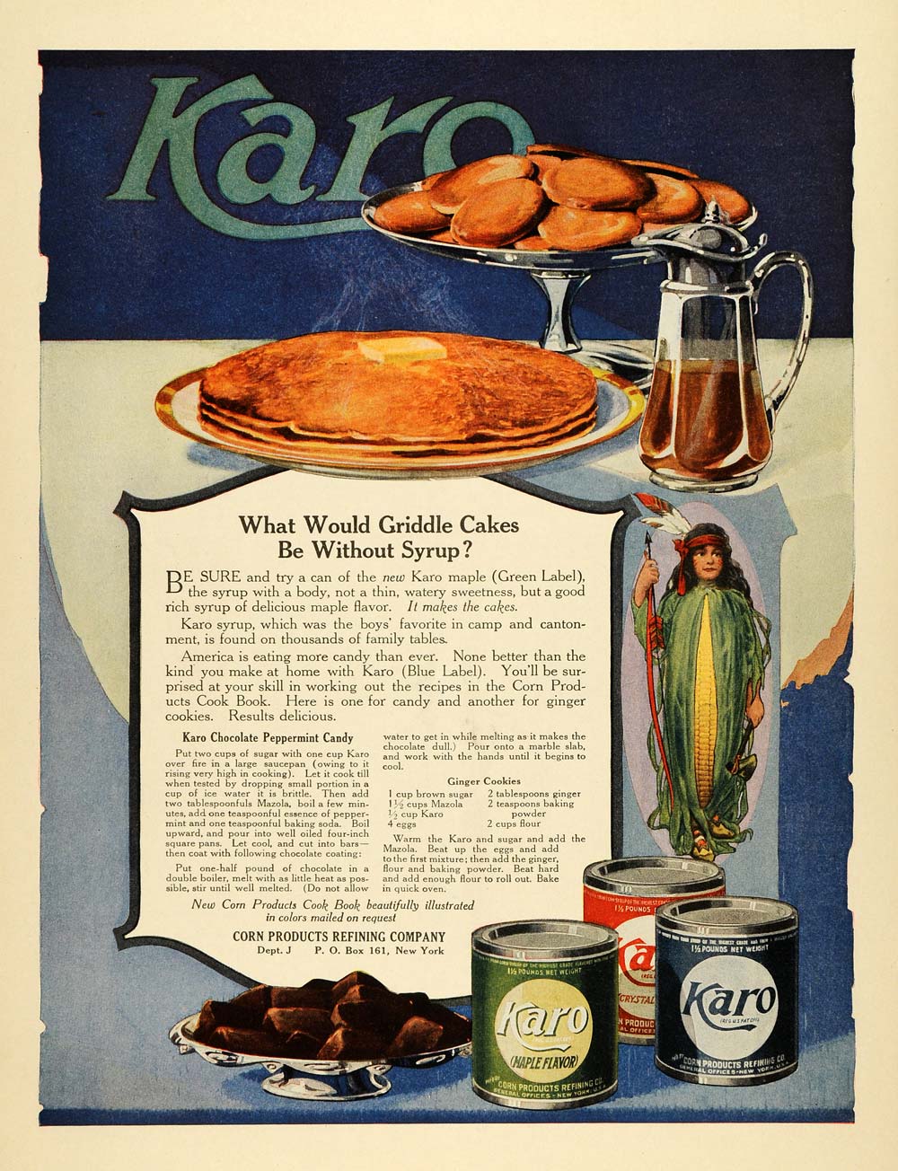 1919 Ad Karo Corn Chocolate Peppermint Candy Recipe Ginger Cookies Pan ...