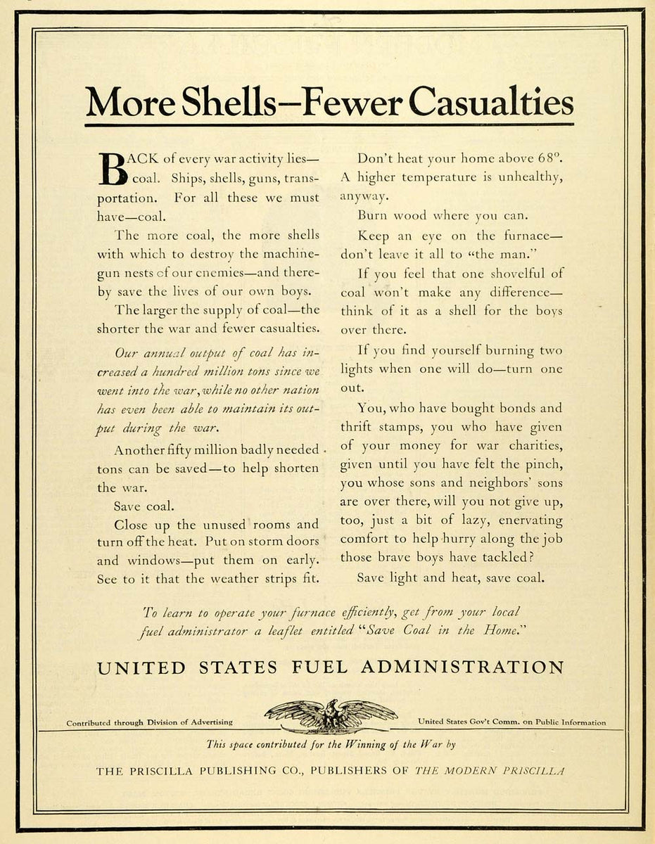 1919 Ad World War I United States Fuel Administration Gun Shells Ammun ...