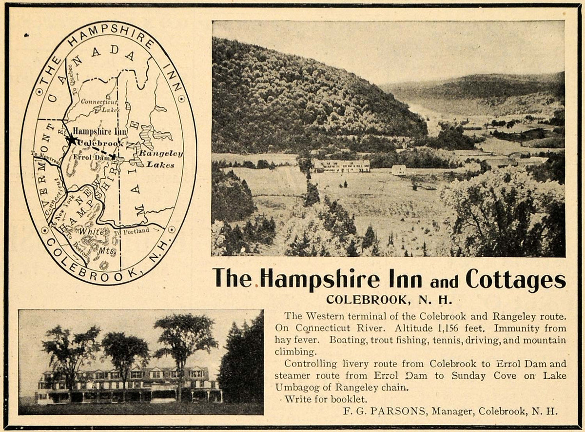 1907 Ad Hampshire Inn Cottage Colebrook Errol Dam Lake - ORIGINAL TOM1 ...