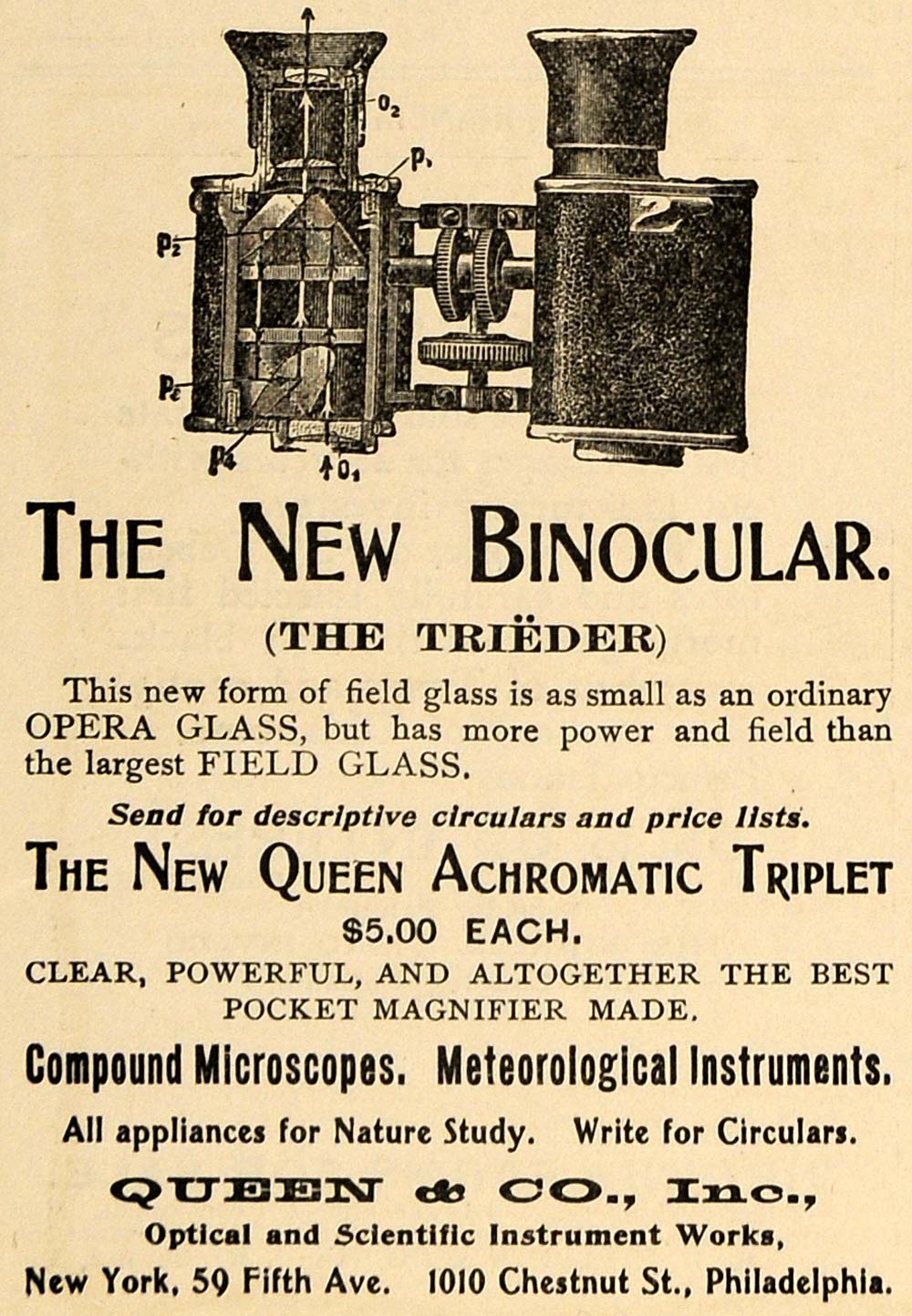 1900 Ad Queen Binocular Microscope Meteorological - ORIGINAL ADVERTISI ...