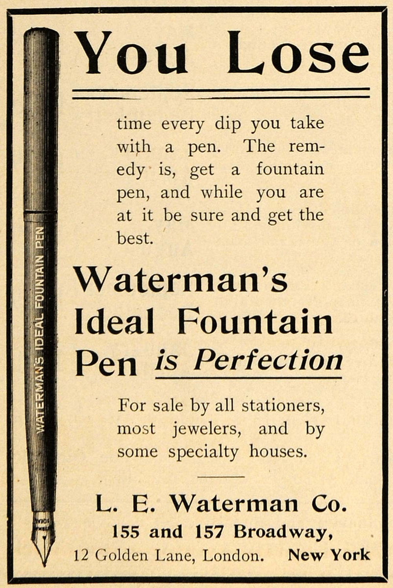 1900 Ad L E Waterman Co. Ideal Fountain Pen Broadway NY - ORIGINAL TOM ...
