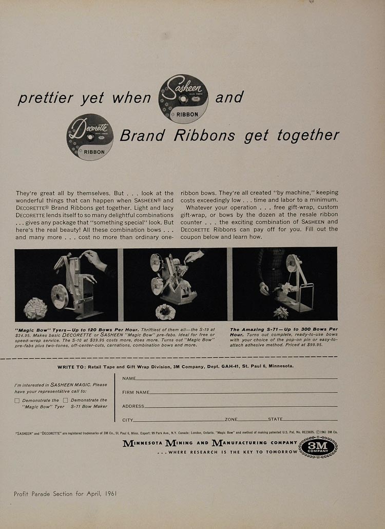 1961 Ad 3M Sasheen Decorette Ribbon Bows Blond Girl - ORIGINAL ADVERTI ...