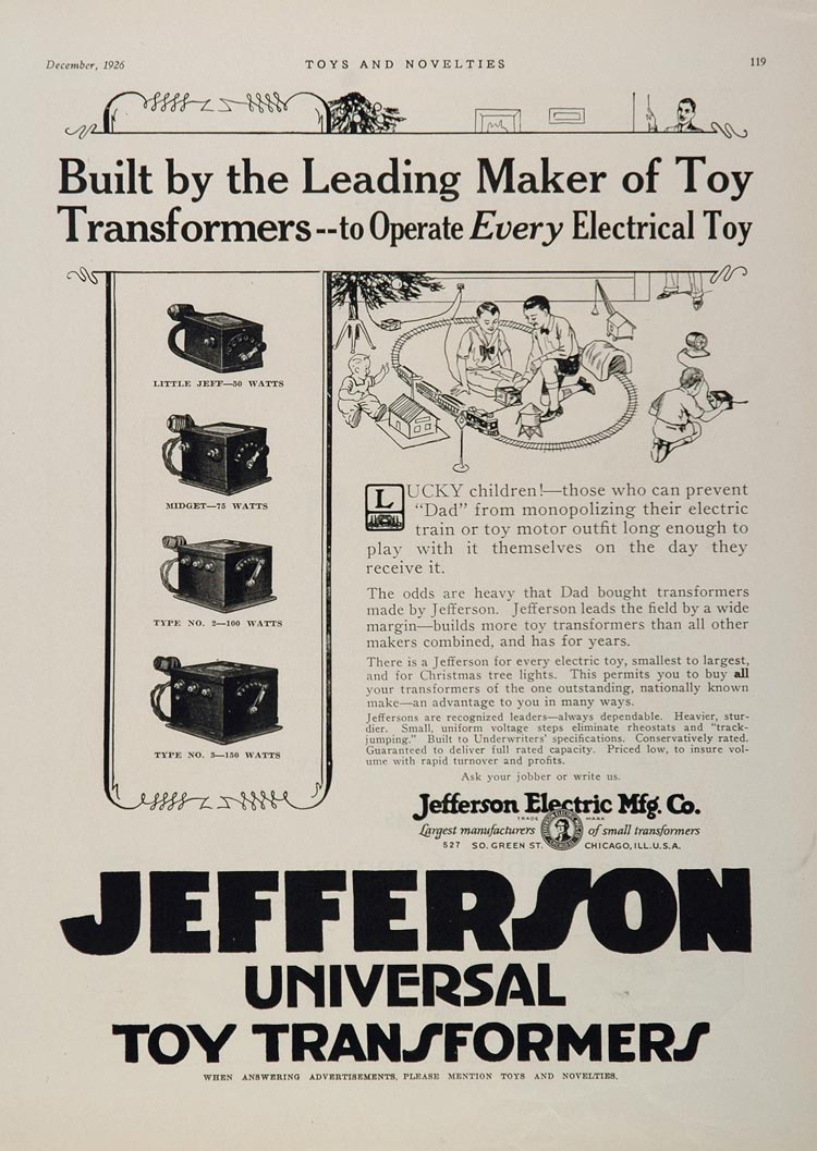 1926 Jefferson Toy Transformers Electric Trains Ad B/W - ORIGINAL TOYS ...