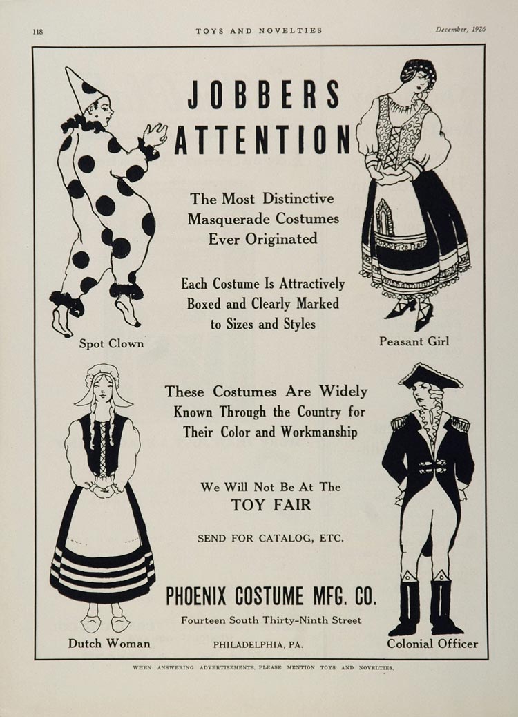 1926 Ad Costumes Spot Clown Dutch Peasant Girl Colonial - ORIGINAL TOY ...