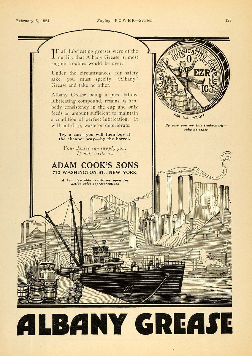 1925 Ad Albany Grease Lubricating Adam Cook New York - ORIGINAL ADVERT ...